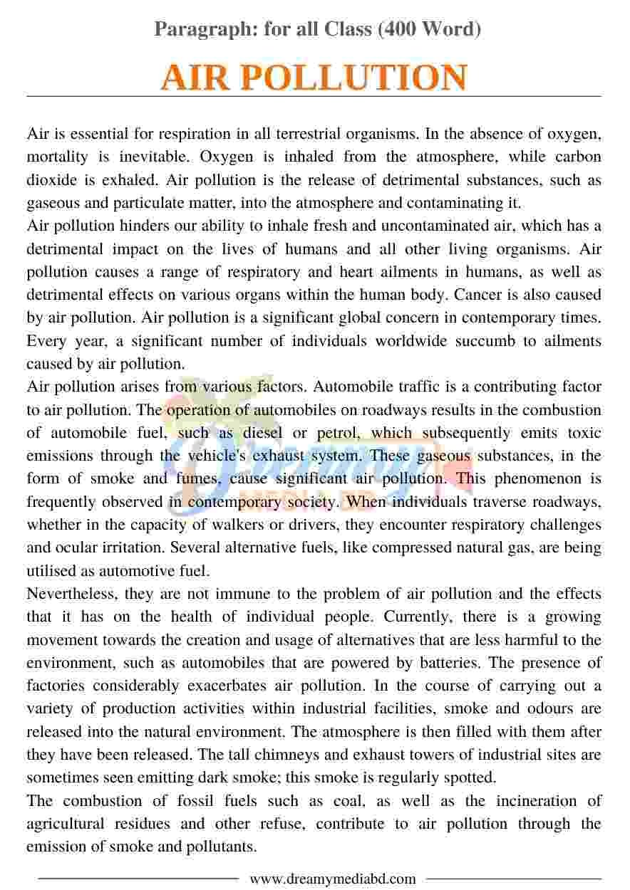 Air Pollution Paragraph | PDF for All Classes - Dreamy Media BD