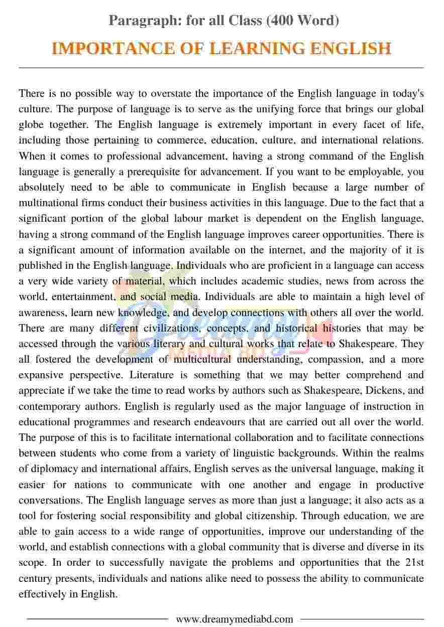 Importance of Learning English Paragraph | PDF for All Classes - Dreamy ...
