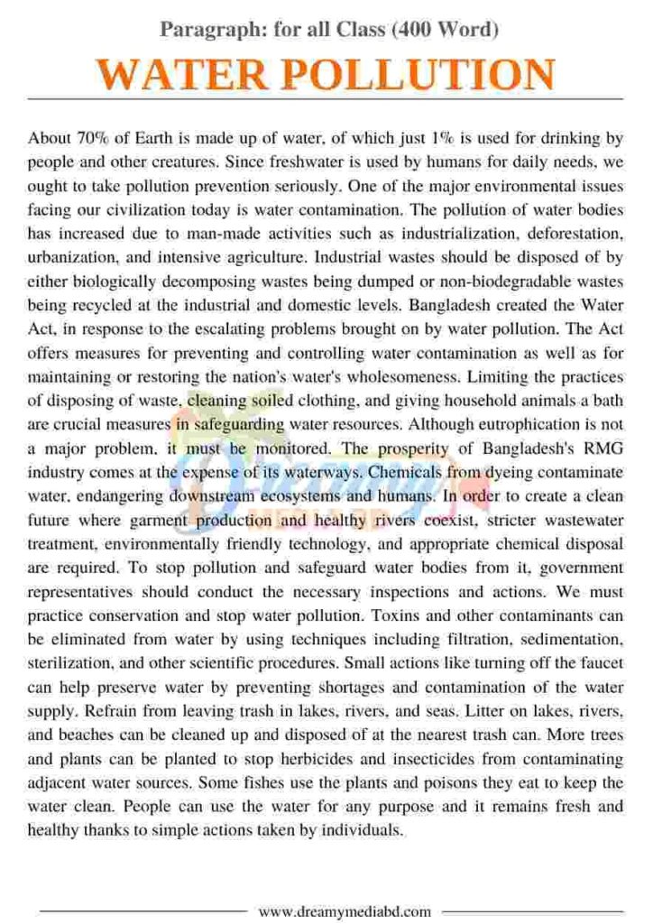 Water Pollution Paragraph | pdf for All Class - Dreamy Media BD