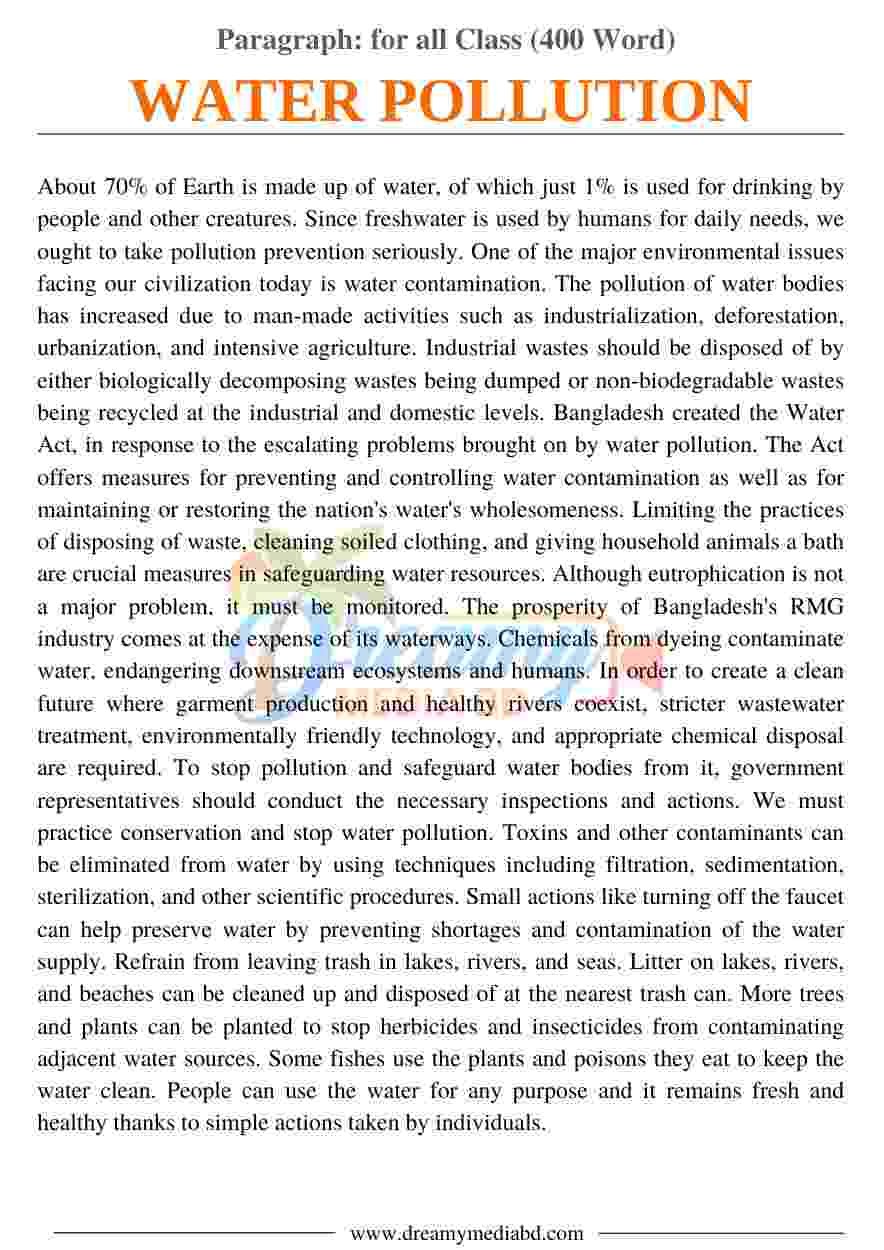 Water Pollution Paragraph | pdf for All Class - Dreamy Media BD